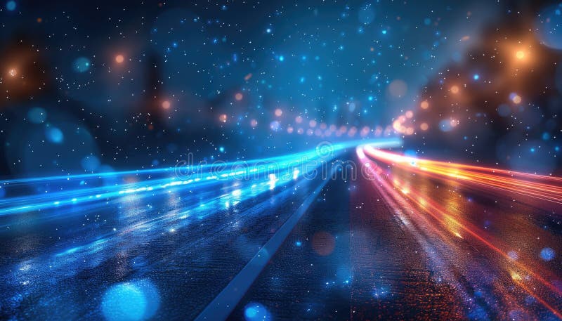 A Blurry Image of a Road with a Bright Blue Line and Red and Orange ...