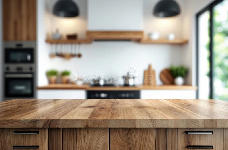 Blurry Kitchen with Wood Top. Clean White Bokeh. Interior Design ...
