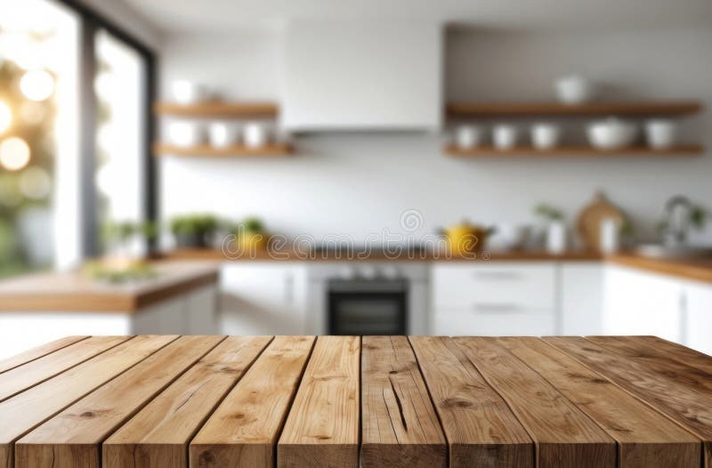 Blurry Kitchen with Wood Top. Clean White Bokeh. Interior Design ...