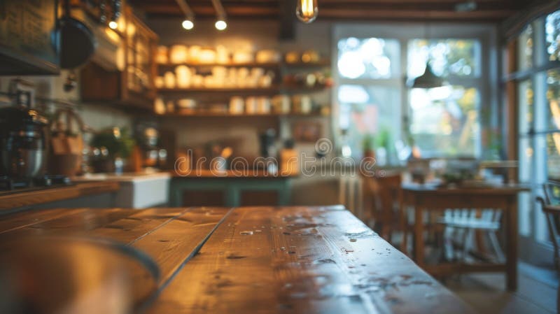 Blurry Kitchen with Wooden Table Stock Photo - Image of warm, blurred ...