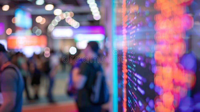 Blurry Logos and Graphics Decorate the Walls of a Busy Tech Expo Stock ...