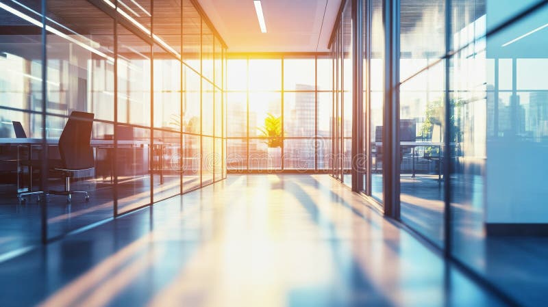 Blurry Modern Office Workspace with Sunlight Streaming through Glass ...