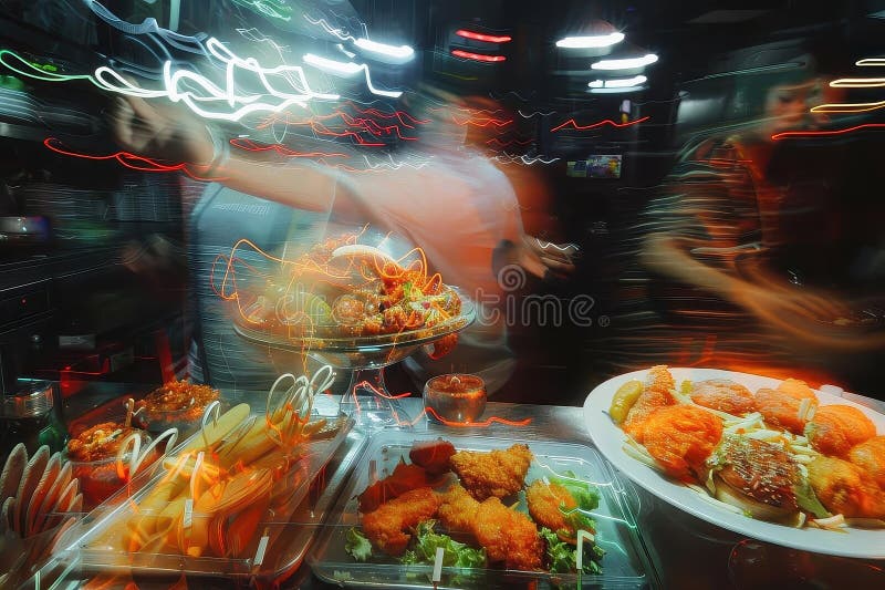Blurry Nighttime Food Stall with Crispy Fried Food Stock Illustration ...