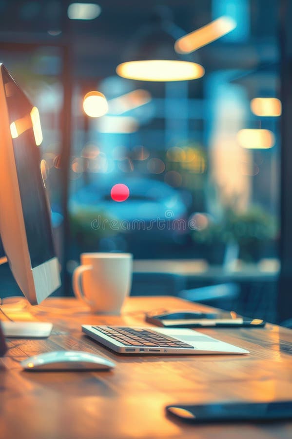 Blurry Office Scene with Computer, Keyboard, Mouse, and Coffee Cup on ...