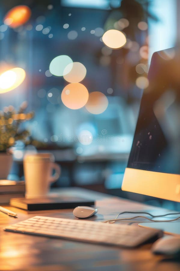 Blurry Office Scene with Computer, Keyboard, Mouse, and Coffee Cup on ...