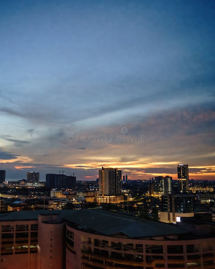 Panoramic View of City Skyline, Traffic and Light during Sunset ...