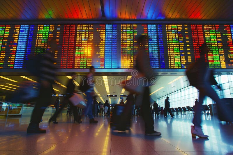 Blurry Passengers Walking Past a Flight Information Display Stock ...