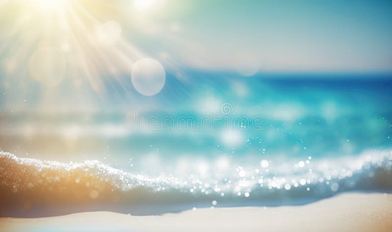 A Blurry Photo of a Beach with the Sun Shining Over the Water Stock ...