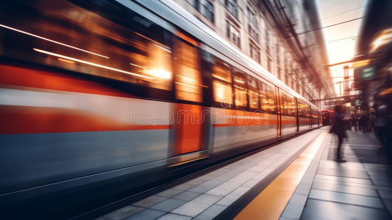 A Blurry Photo of a Train Going Down the Tracks Stock Illustration ...