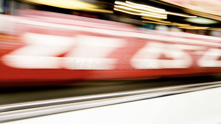 A Blurry Red and White Train with the Numbers 65 on it Stock Image ...