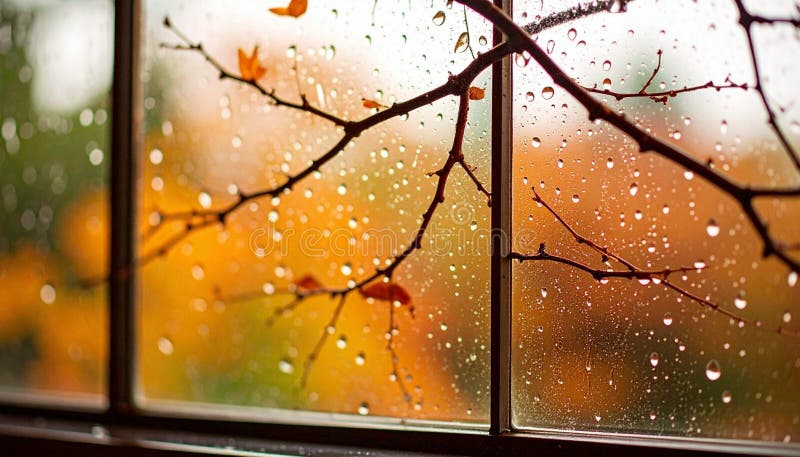 Blurry Shadows and Reflections of Rain-Soaked Branches on Glass Window ...