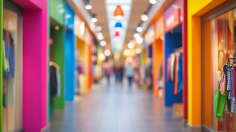 Blurry Shopping Mall Interior with Vibrant Colors and Storefronts ...