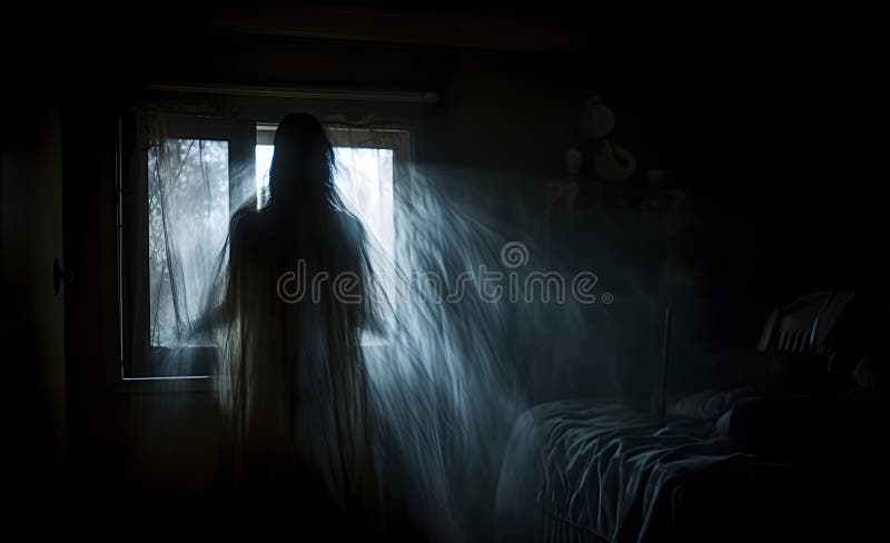 The Blurry Silhouette Of A Ghost In A Bedroom At Night Stock Image