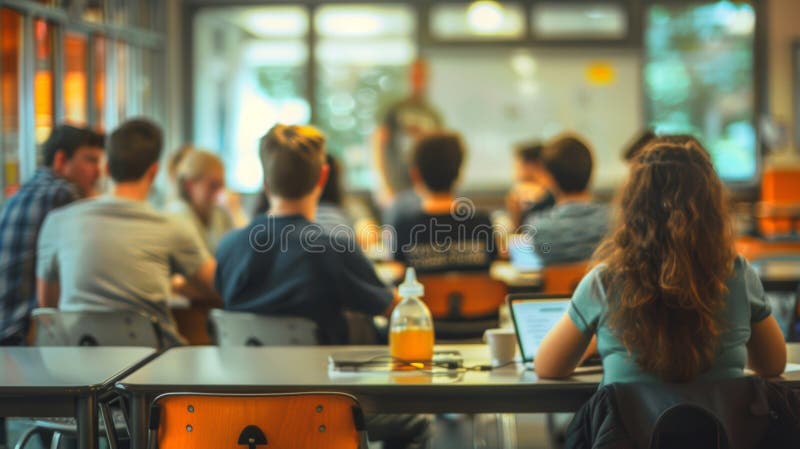 Blurry Students Gathered Around a Table Eagerly Watching As the ...