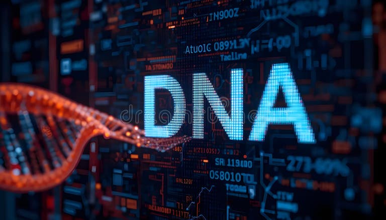 Blurry Technology Text on Computer Screen with DNA Structure ...