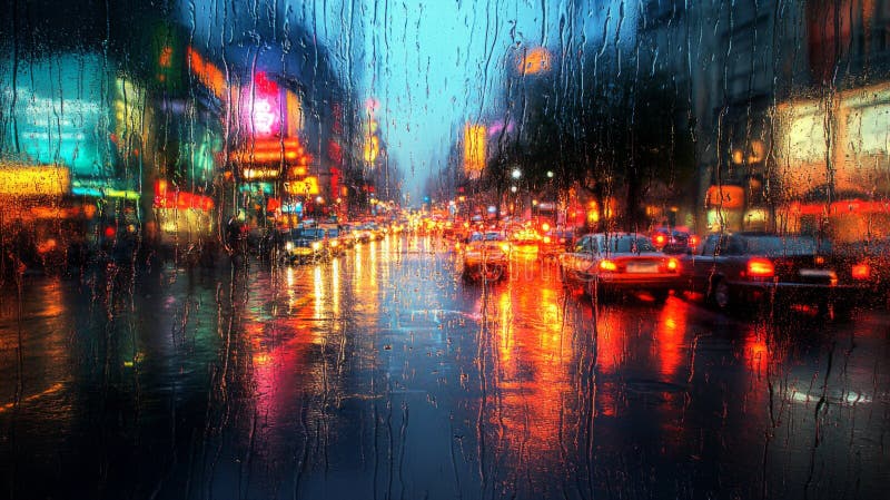 A Blurry View of City Lights through a Rain-Streaked Window Stock ...