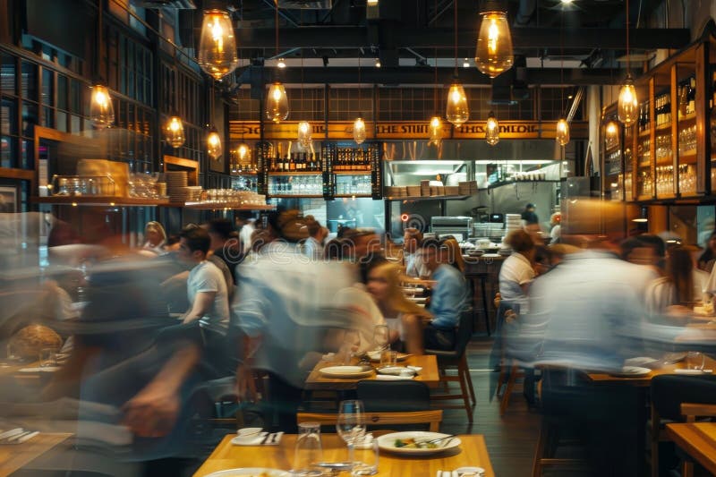 Blurry View of a Crowded Restaurant with People Dining and Interacting, a Bustling Dining Area ...