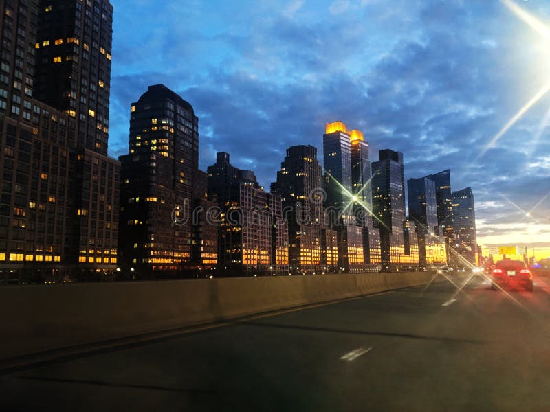 Blurry View of Manhattan on the West Side at Sunset. Highway with ...