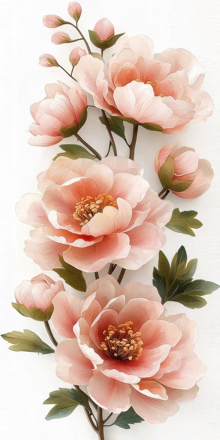 Blush Pink Peonies and Buds on White Background Stock Illustration ...