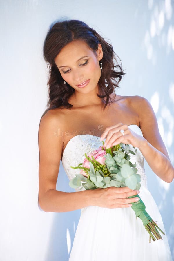 Blushing Bride. a Gorgeous Bride Standing Outside with Her Bouquet. Stock Image - Image of ...