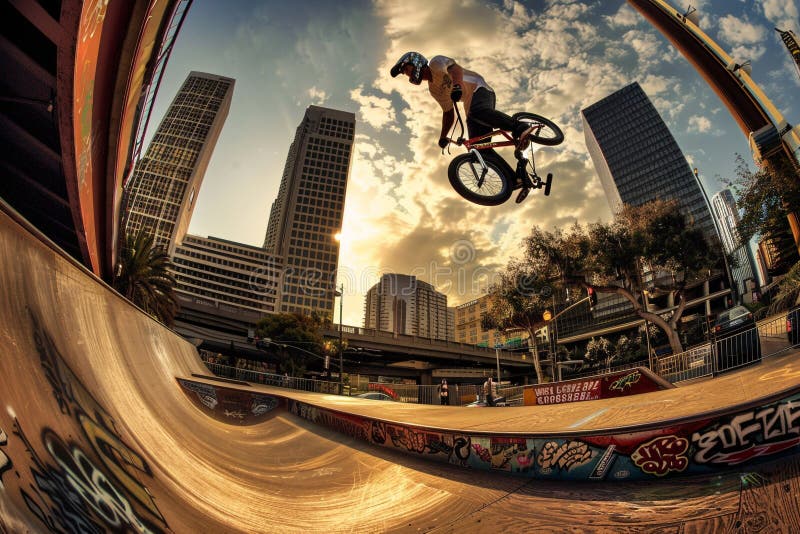 BMX Bikes and Ramps Against the Backdrop of a Busy City Stock ...