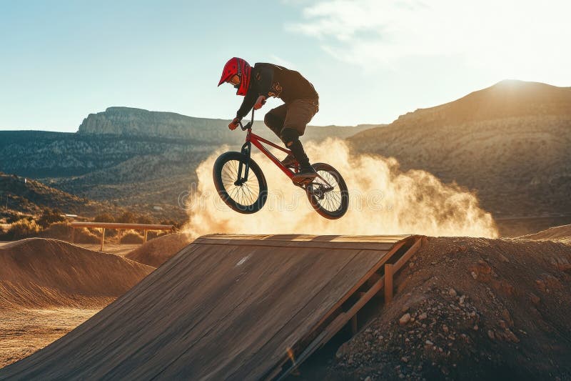 A BMX Rider Performs a Jump Over a Ramp in a Scenic Outdoor Setting ...
