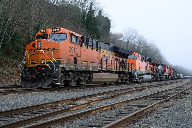 BNSF Freight Train with Multiple Engines on Foggy Day Editorial ...