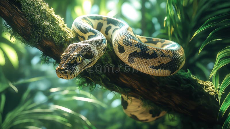Boa Constrictor Resting on a Tree Branch in a Lush Rainforest Setting ...