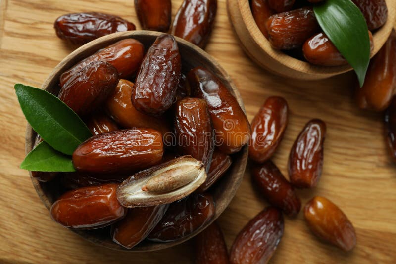 Board with Bowls of Dried Dates, Top View Stock Photo - Image of ...