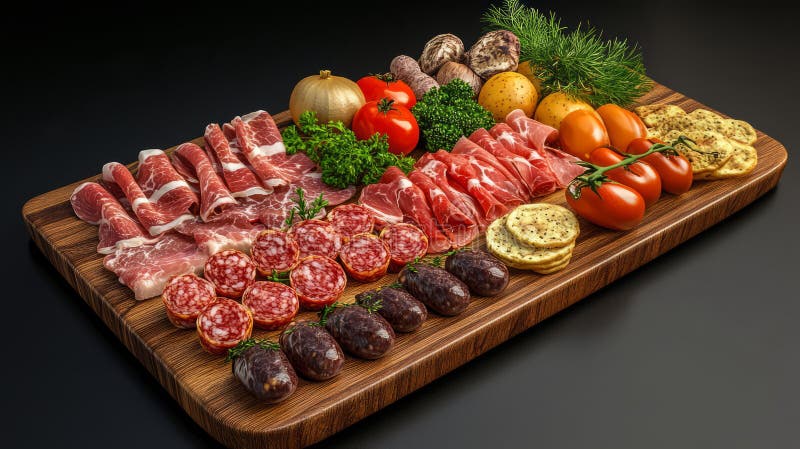 Board with Cold Cuts and Vegetables on an Isolated Background. Top View ...