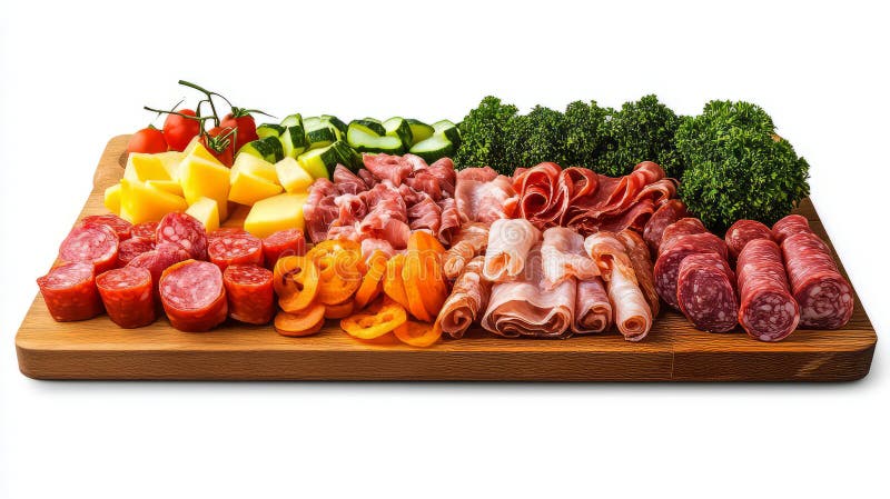 Board with Cold Cuts and Vegetables on an Isolated Background. Top View ...