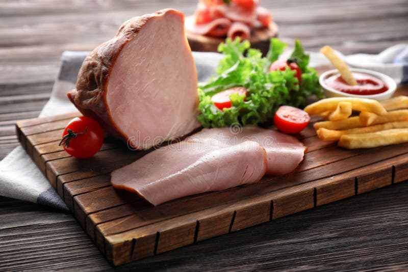 Board with Delicious Sliced Ham on Wooden Table Stock Image - Image of ...