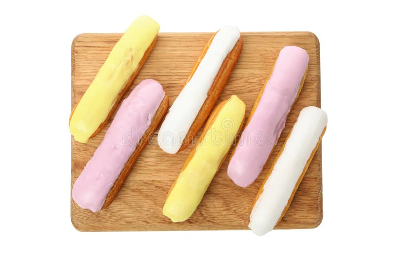 Board with Eclairs with Custard Isolated on White Background Stock ...