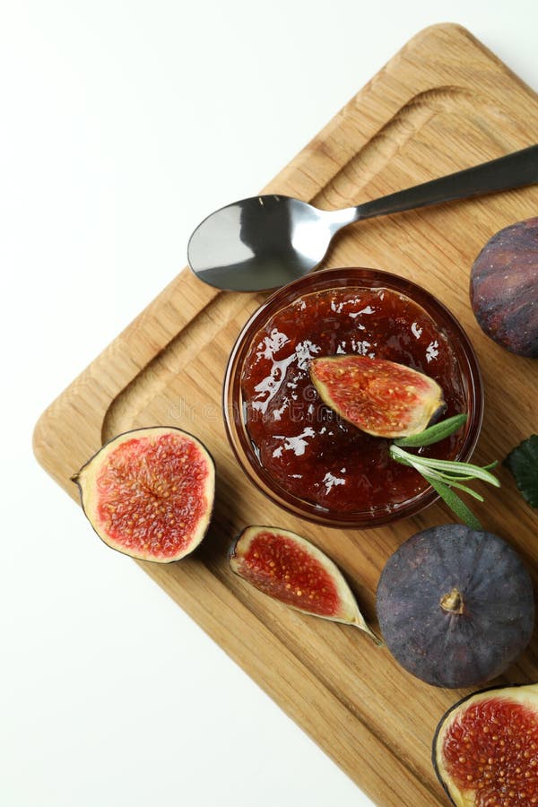 Board with Fig Jam, Ingredients and Spoon on White Background Stock ...