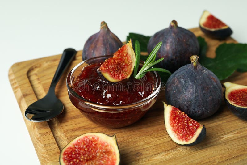 Board with Fig Jam, Ingredients and Spoon on White Background Stock ...