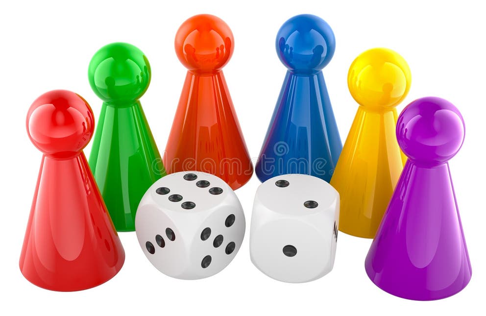 Board Game Pieces Colored and Dice, 3D Rendering Stock Illustration ...