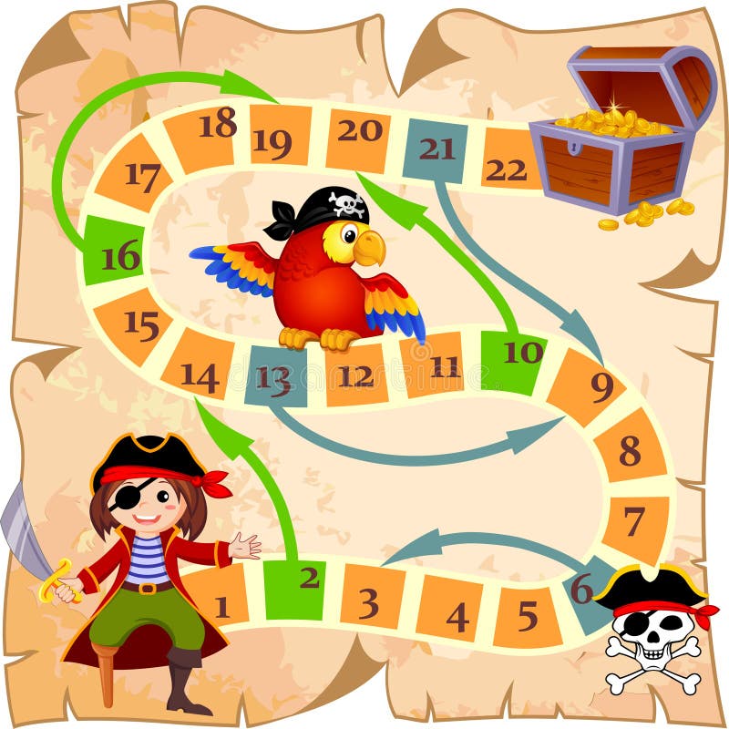Board Game with Pirate, Parrot, Jolly Roger and Treasure Chest Stock ...