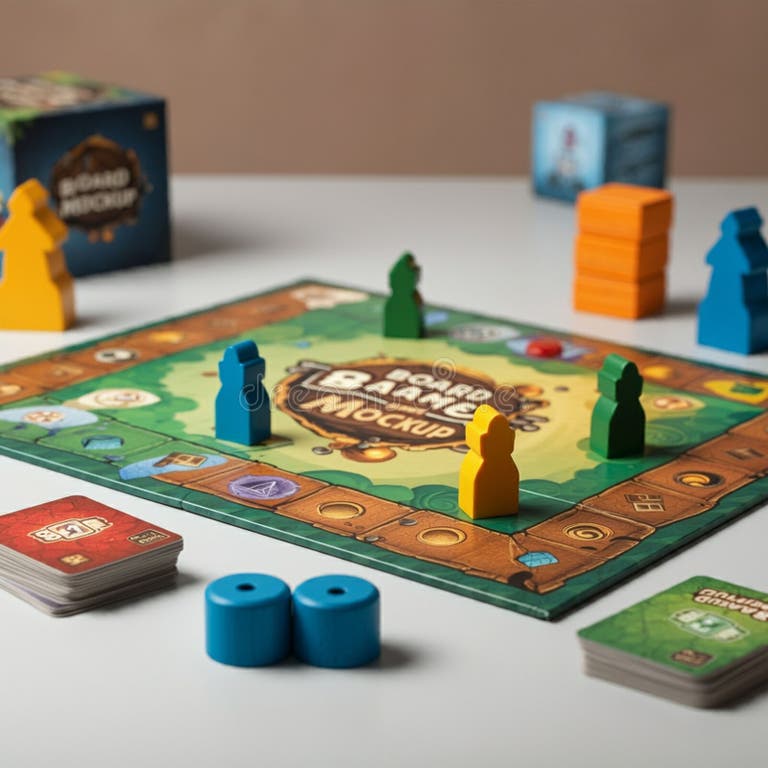 Board Game Setup on a Tabletop with a Square Board Featuring Colorful ...