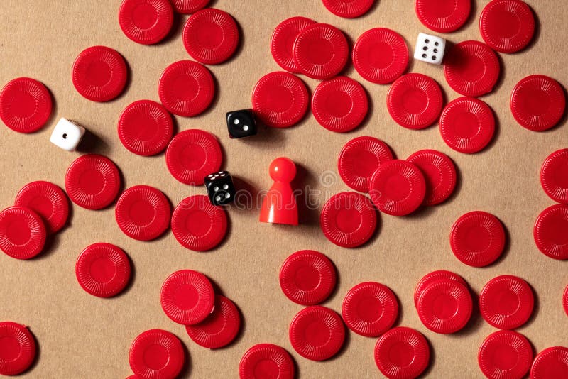 Board Games Flat Lay, Shot from the Top. Red Playing Pieces and Dice ...
