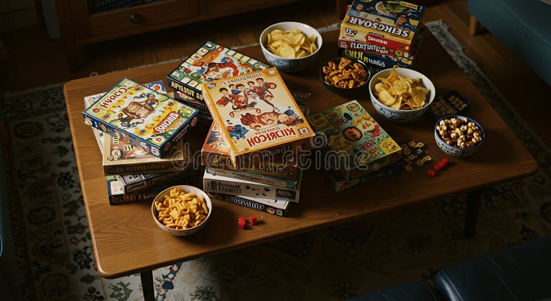 Board Games Stacked on a Coffee Table with Snacks for Game Night Stock ...