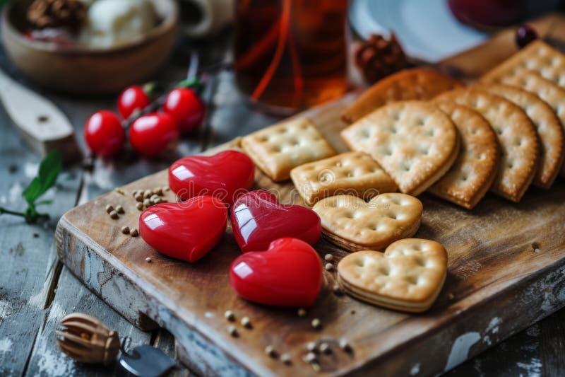 Board with Heart Shaped Crackers and Other Snacks. Generative AI Stock ...
