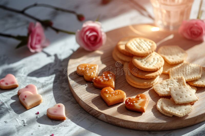 Board with Heart Shaped Crackers and Other Snacks. Generative AI Stock ...