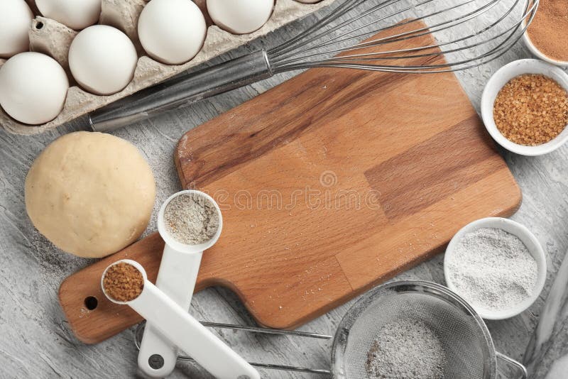 Board with Ingredients for Preparing Bakery on Wooden Table Stock Image ...