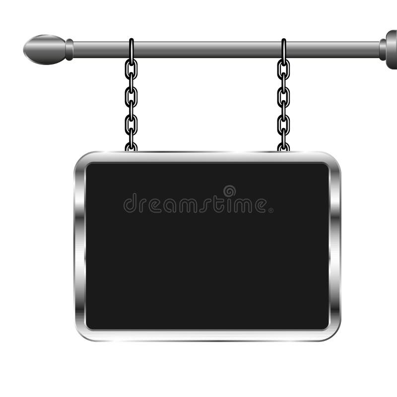 Board in a Metal Frame Hanging on Chains. Silver Signboard. Isolated ...
