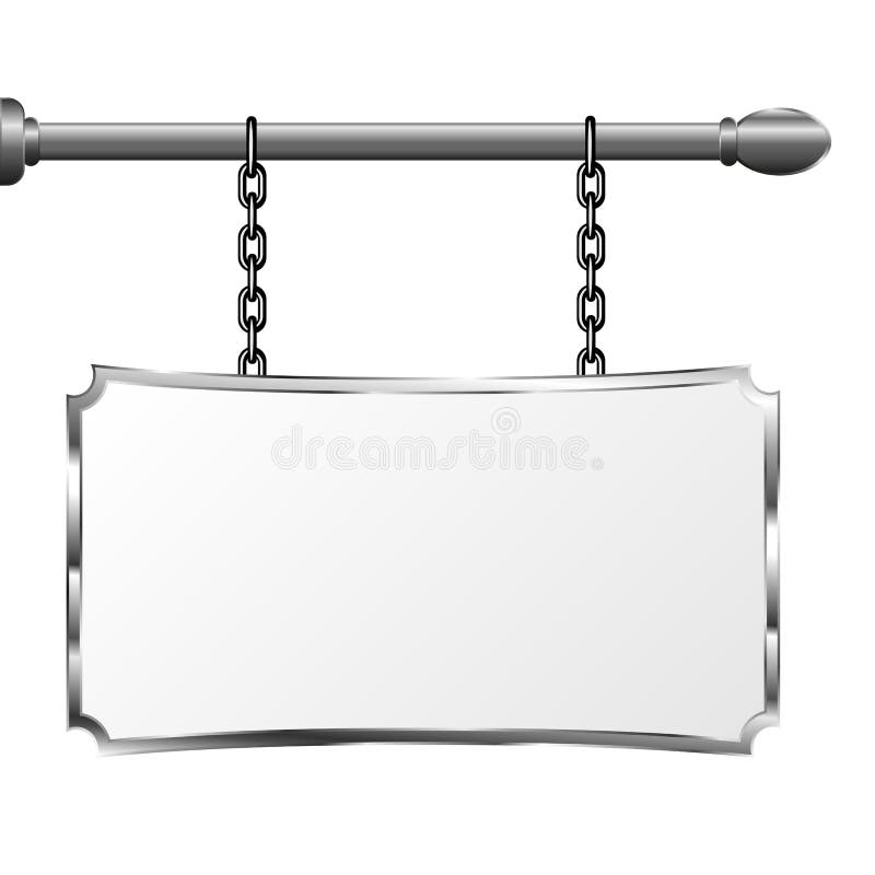Board in a Metal Frame Hanging on Chains. Silver Signboard. Isolated ...