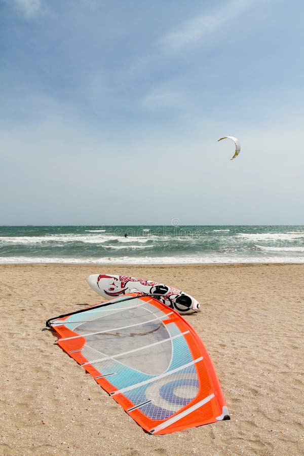 Board and Sail are on the Sand. Windsurfing. Stock Image - Image of ...