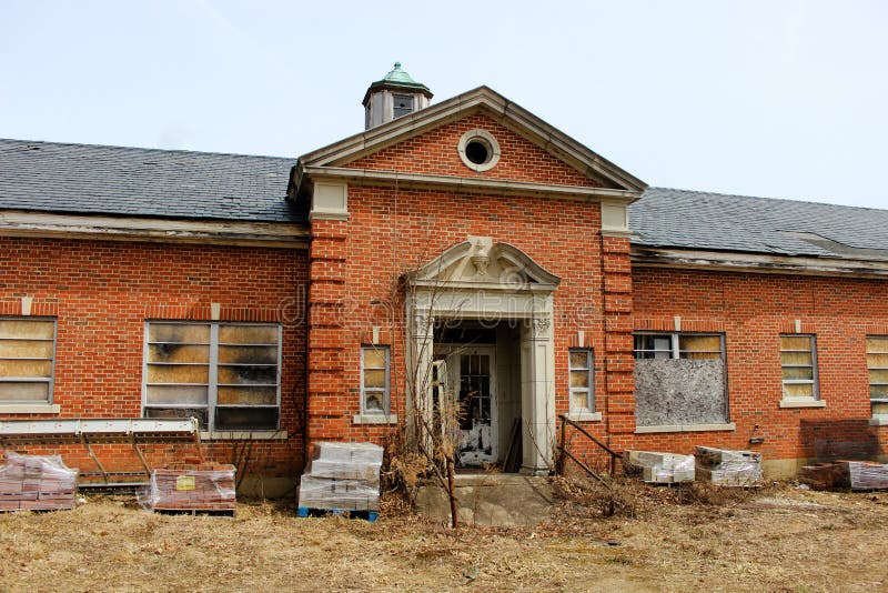 Old Broken Windows on Abandoned Brick Asylum Building Stock Image ...