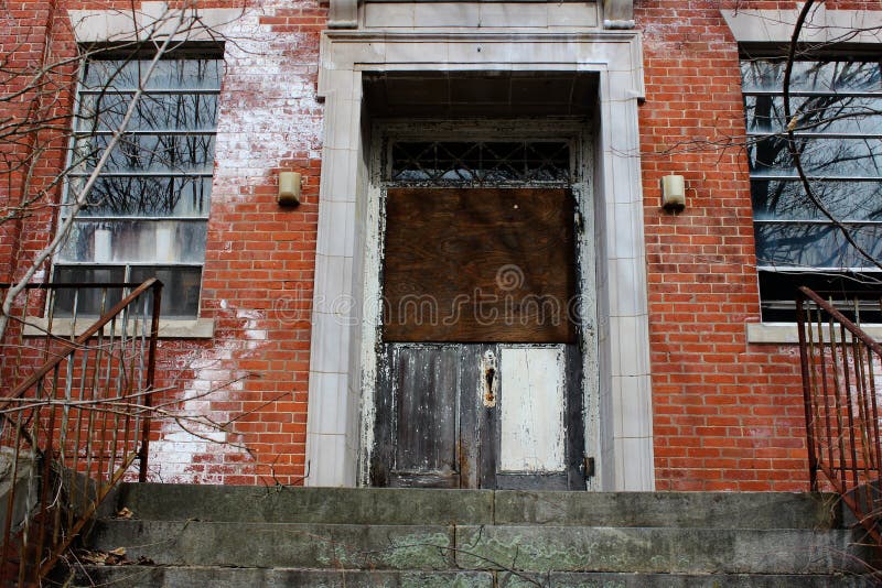 Old Broken Windows on Abandoned Brick Asylum Building Stock Photo ...