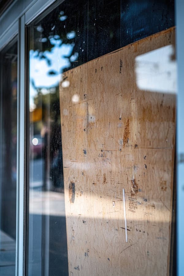 A Boarded Up Storefront Window with a Worn-out Sign and a Hint of ...