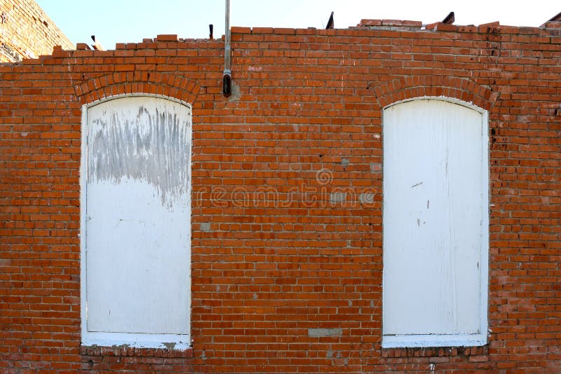 Boarded White Windows Abandoned Red Brick Wall Stock Photo - Image of ...